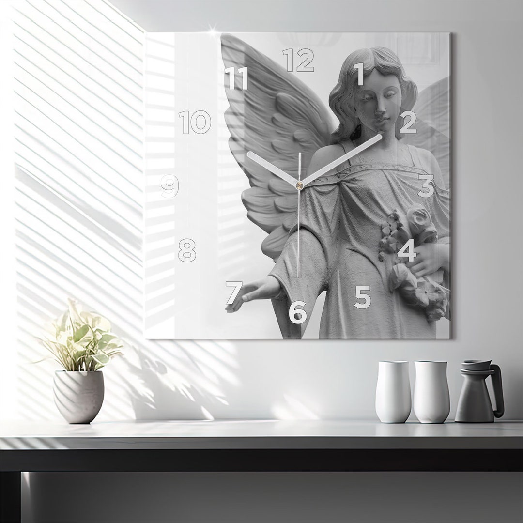 An Old Angel Sculpture Glass Clock, Gray Wall Clock, City Hanging Clock ...