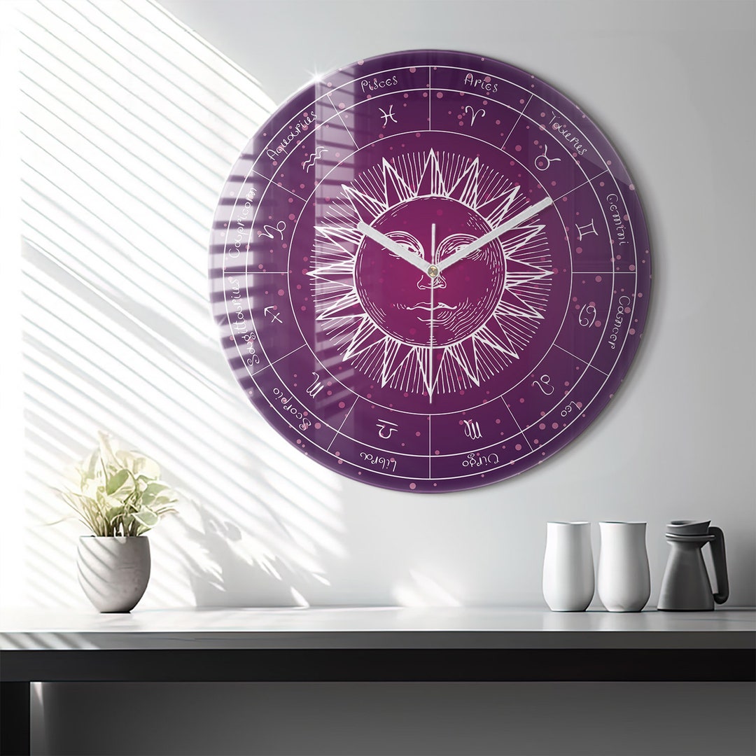 Zodiac Constellations Clock, Astronomy Themed Printed Clock, Pink Glass ...