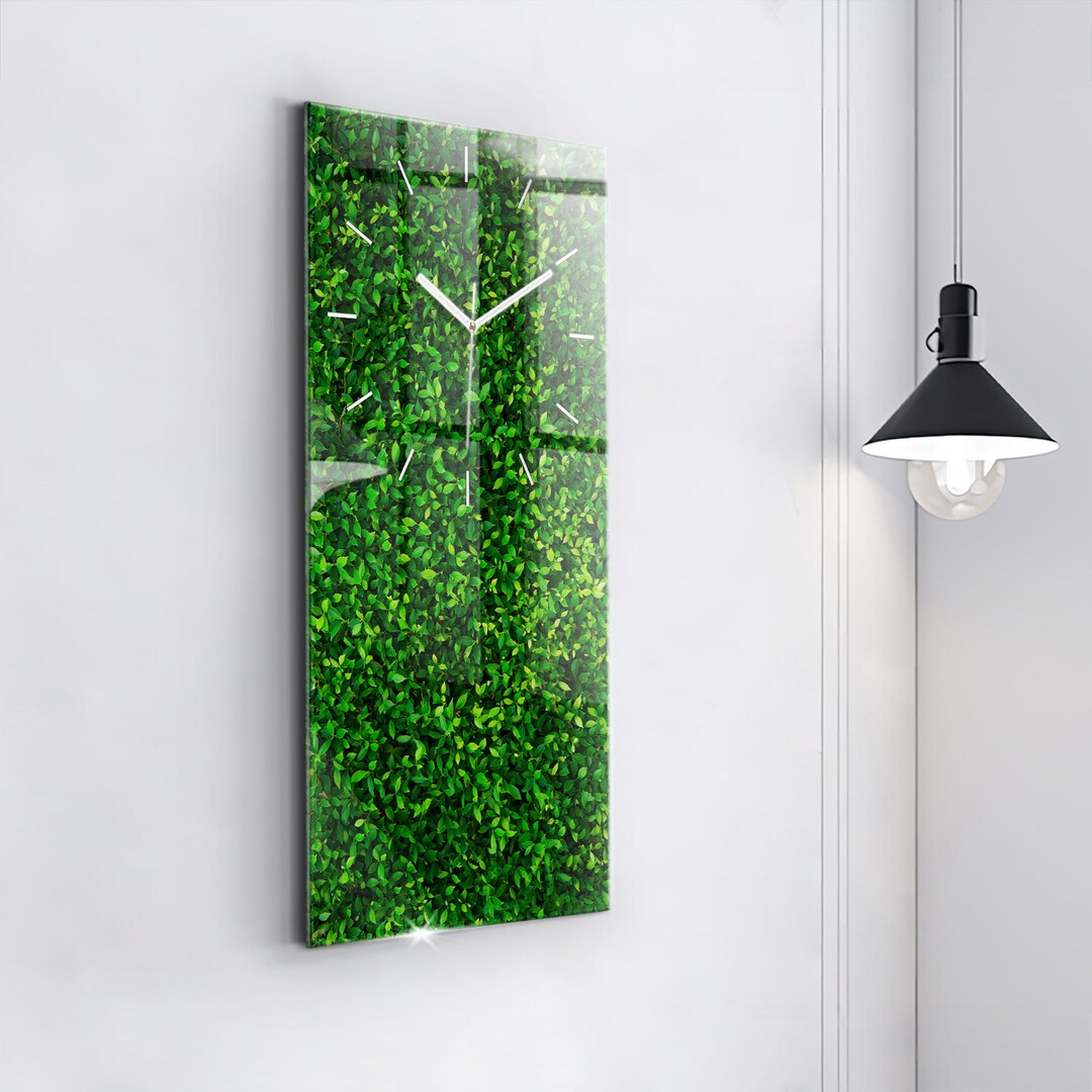 Leaf Hedge Printed Clock, Green Glass Clock, Nature Wall Clock ...