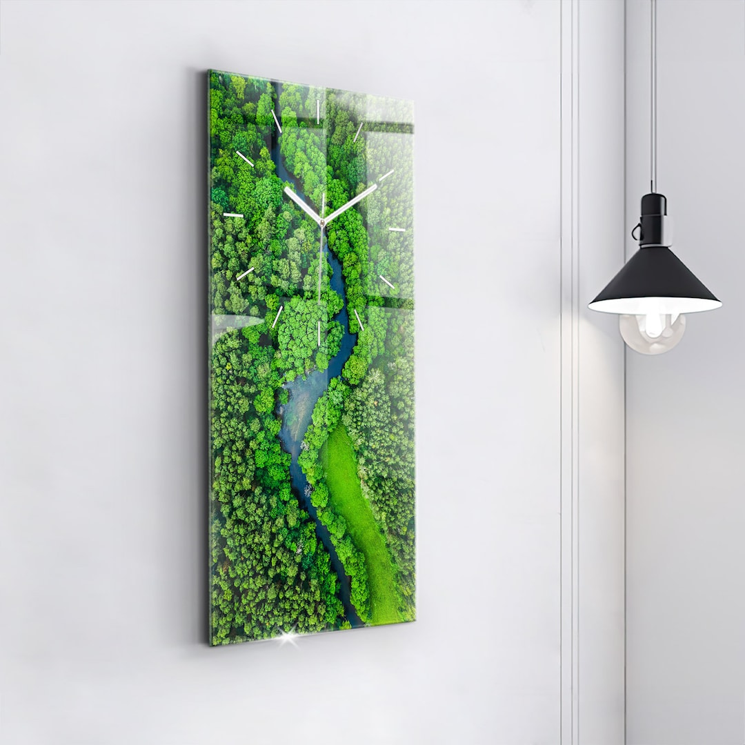 River in the Forest Hanging Clock, Green Glass Clock, Nature Wall Clock ...