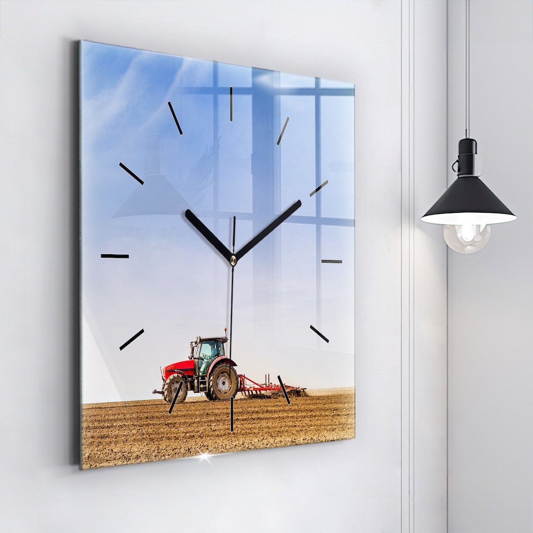 Farmer in the Tractor Glass Clock, Yellow Modern Wall Clock, Landscape ...