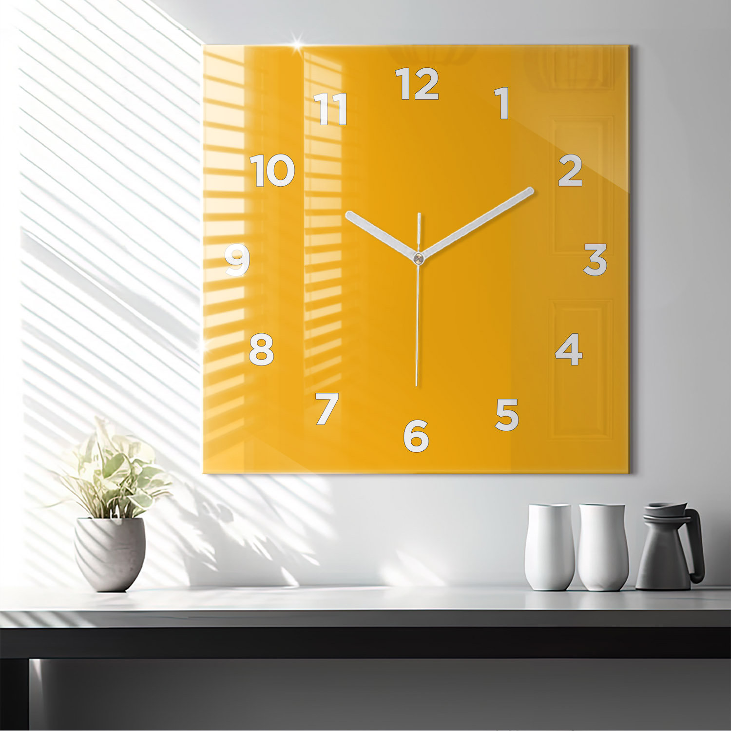 Dark Yellow Glass Clock, Dark Yellow Printed Clock, Solid Color Modern ...