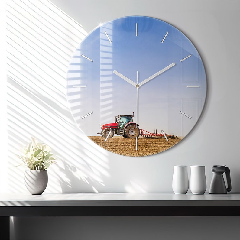 Farmer in the Tractor Glass Clock, Yellow Modern Wall Clock, Landscape ...