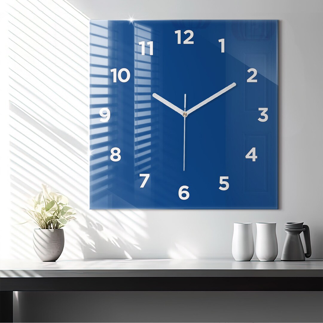 Blue Glass Clock, Blue Printed Clock, Solid Color Modern Wall Clock ...
