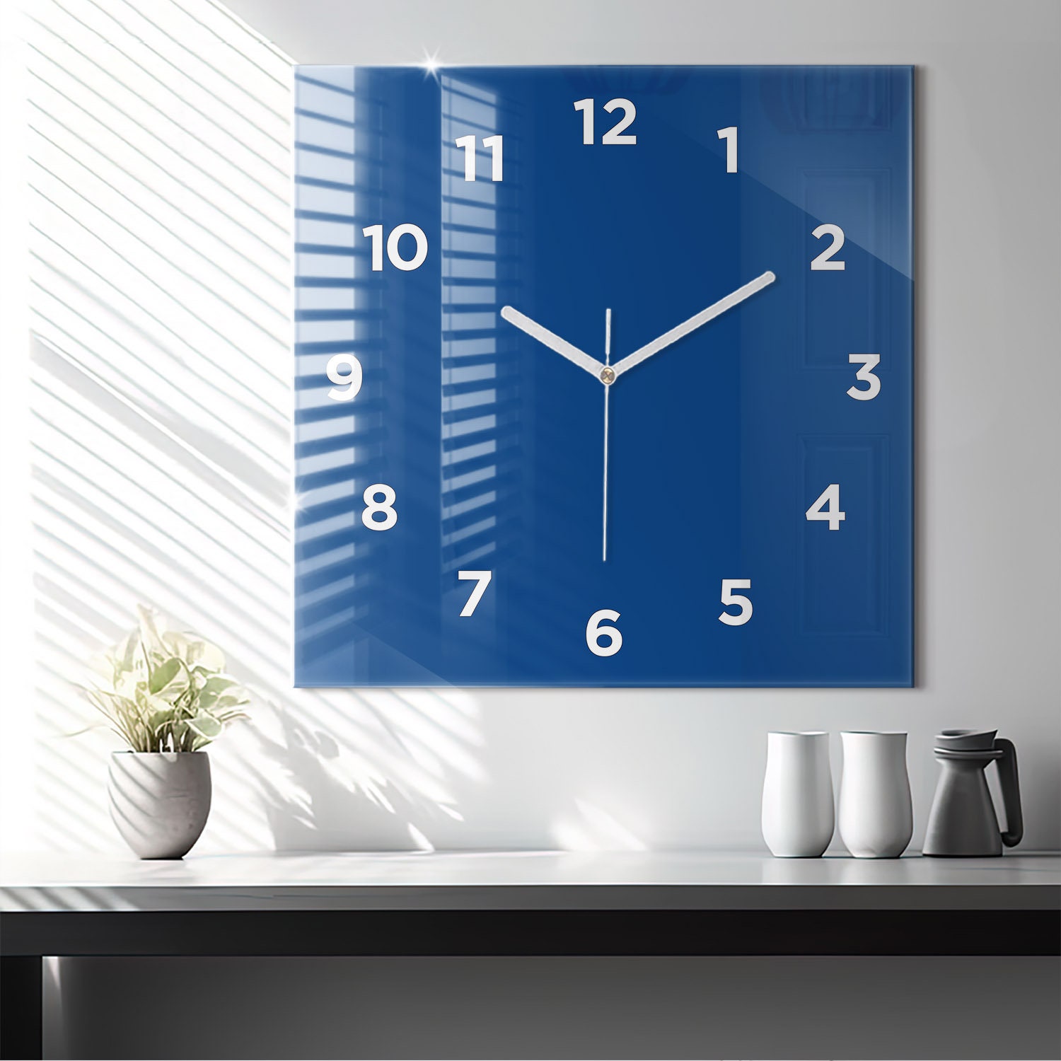 Blue Glass Clock, Blue Printed Clock, Solid Color Modern Wall Clock ...