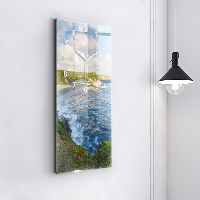 Ocean Coast Printed Clock, Blue Glass Clock, Landscape Modern Wall ...