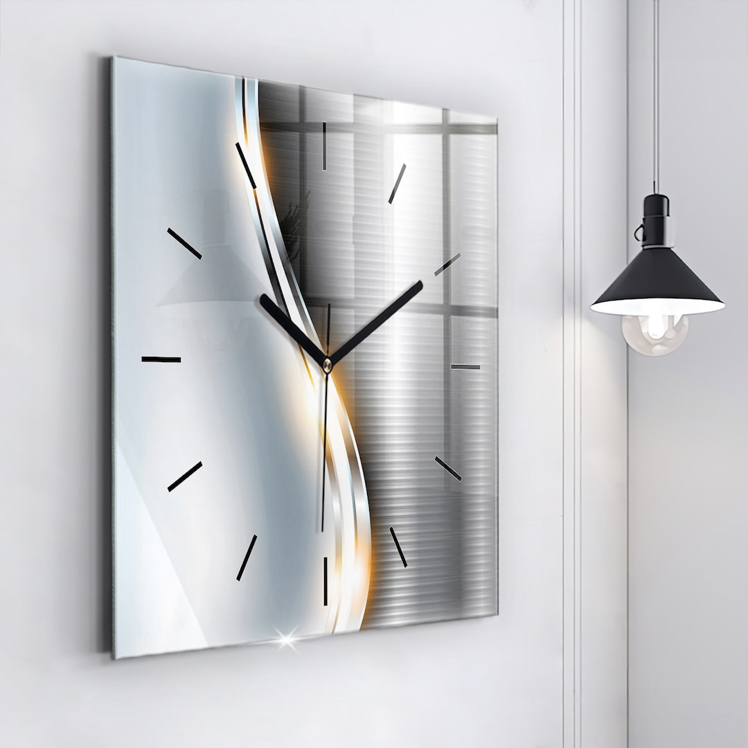 Metal Abstraction Glass Clock, Silver Wall Clock, Abstract Hanging Clock, Personalized Clock ...