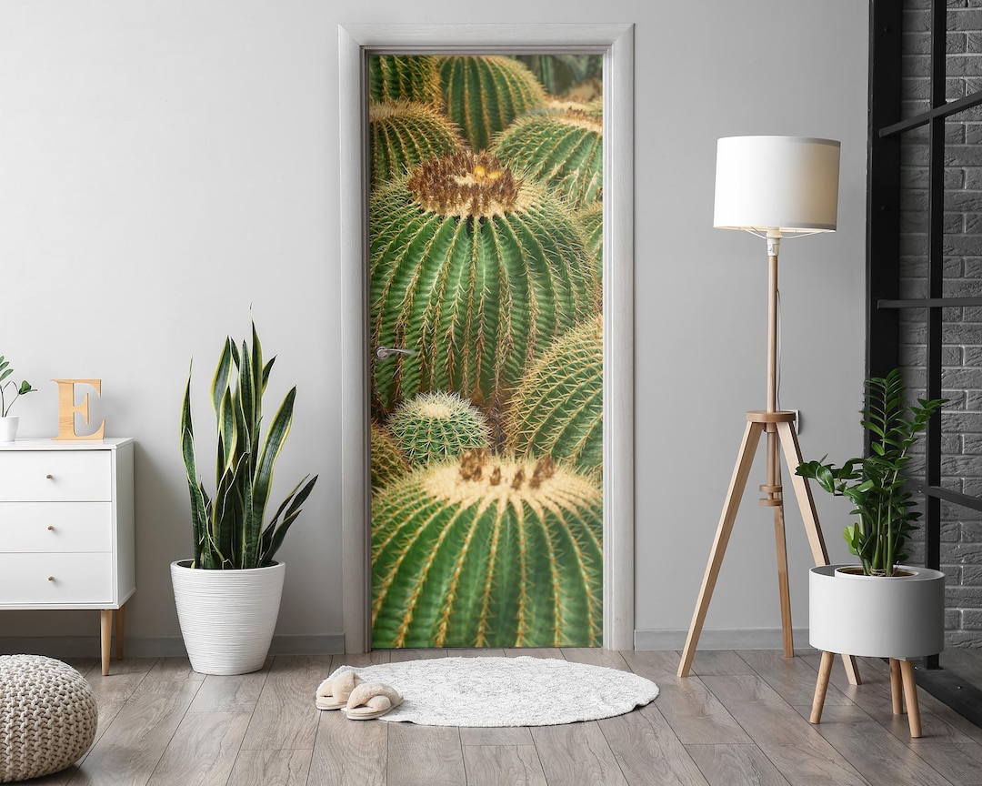 Green Cacti Door Sticker, Carving Door Mural, Flowers and Plants Door ...