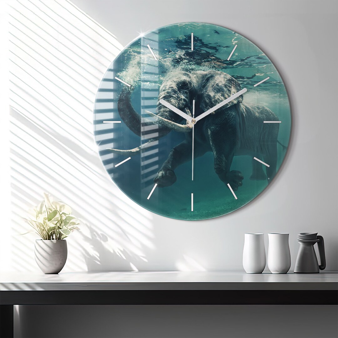 Floating Elephant in the Ocean Glass Clock, Blue Minimalistic Clock ...