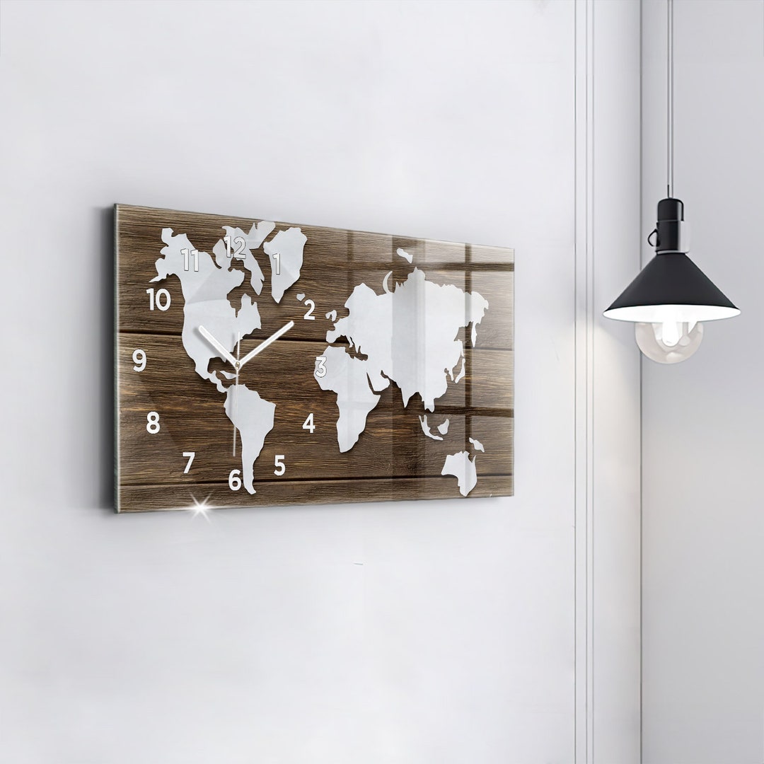 Map of the World on the Boards Minimalistic Clock, Brown Glass Clock ...
