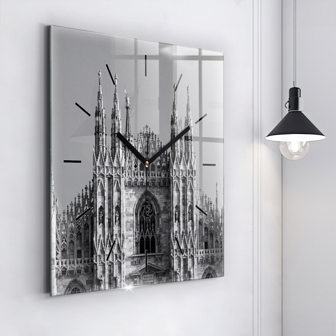 Duomo Di Milano Cathedral Glass Clock, Black Printed Clock, City Modern ...