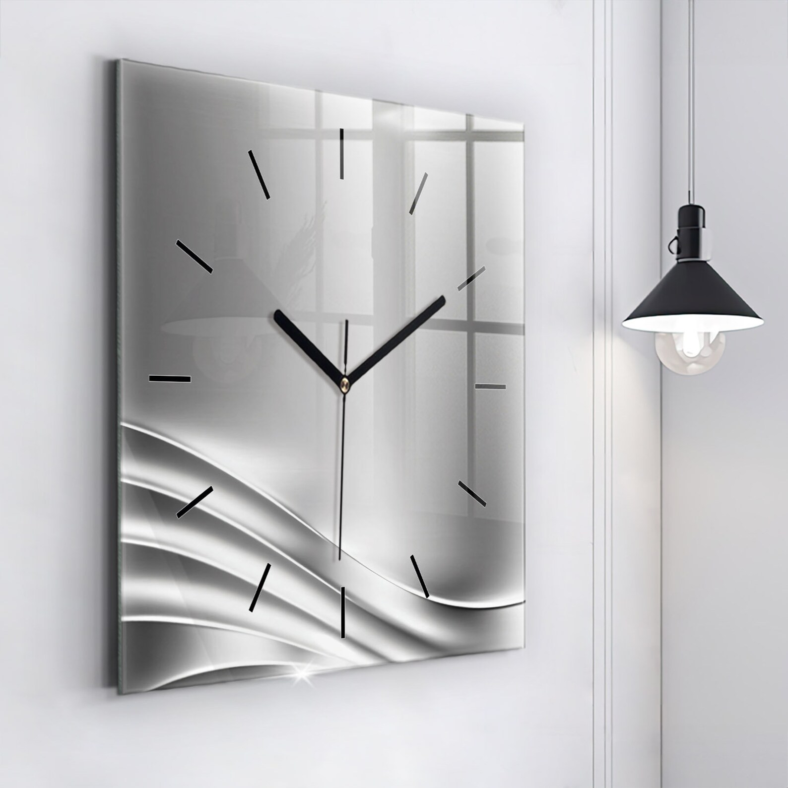 Silver Abstraction Glass Clock, Silver Printed Clock, Abstract Modern ...