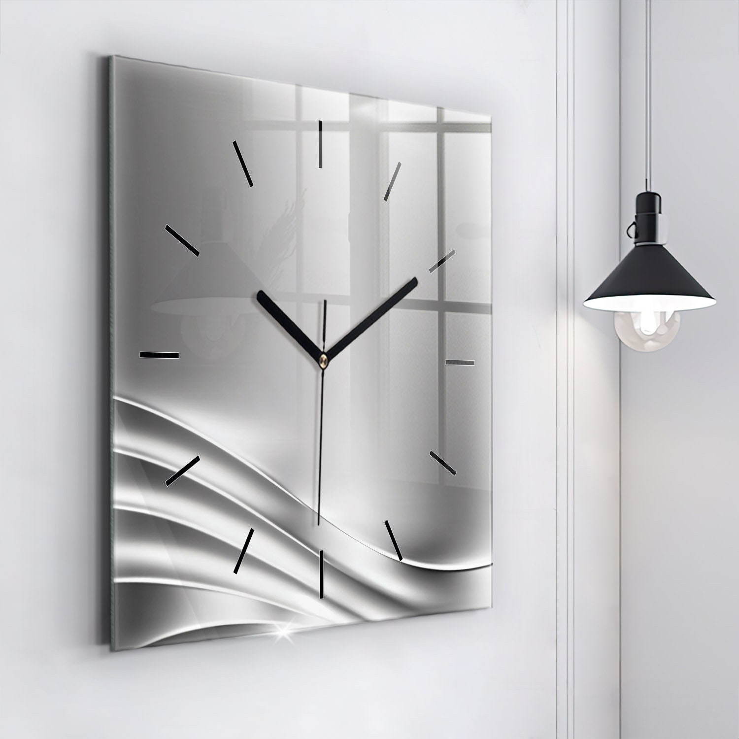 Silver Abstraction Glass Clock, Silver Printed Clock, Abstract Modern ...