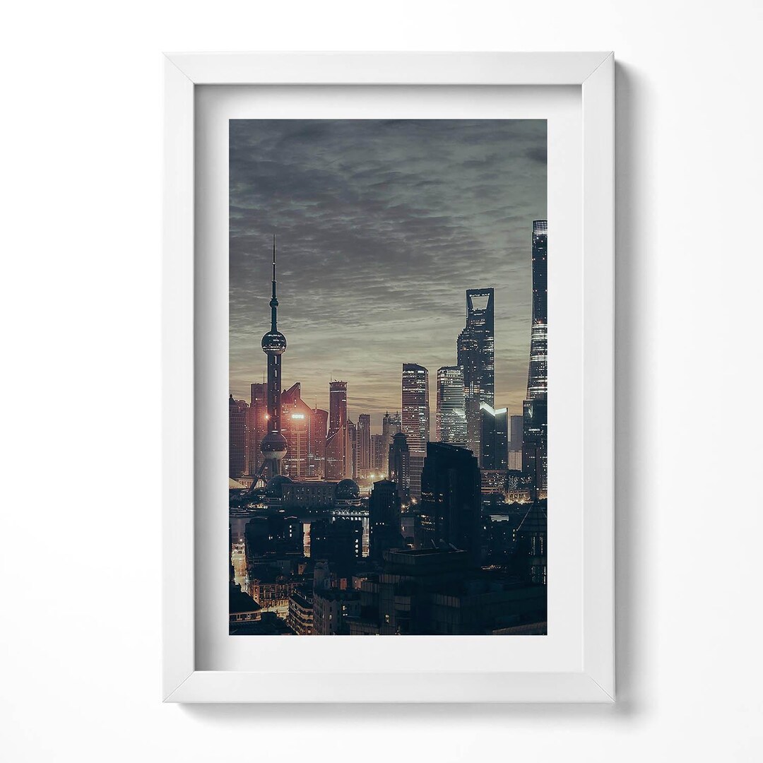 Panorama de Shanghai la nuit Art mural dans le cadre, Art encadré de la ...