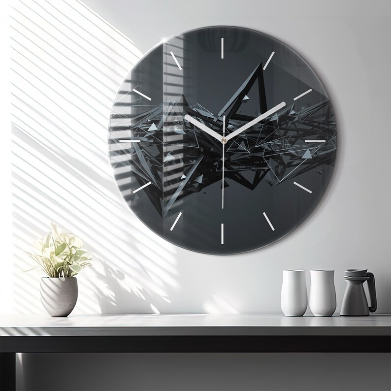 Black Abstraction Glass Clock, Black Hanging Clock, Abstract Printed ...