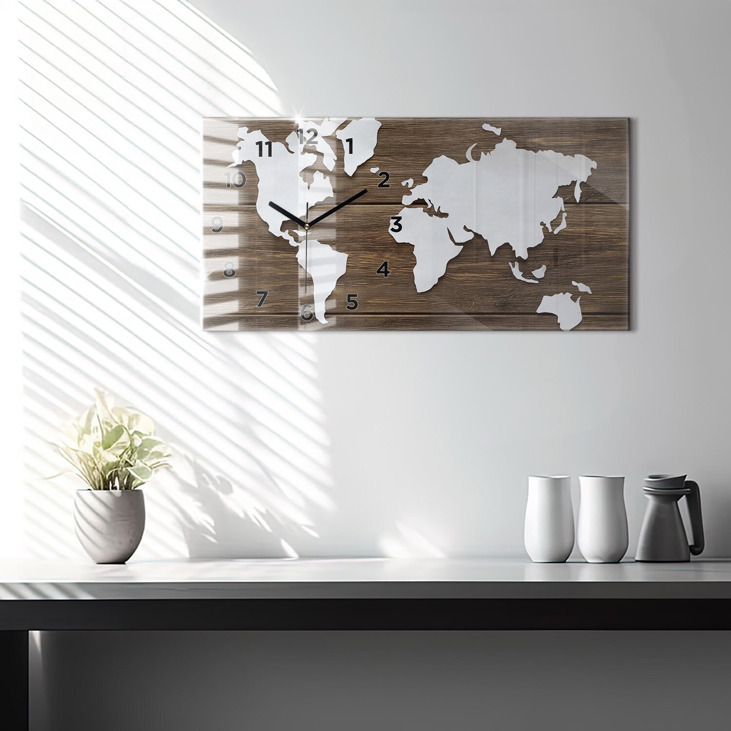 Map of the World on the Boards Minimalistic Clock, Brown Glass Clock ...