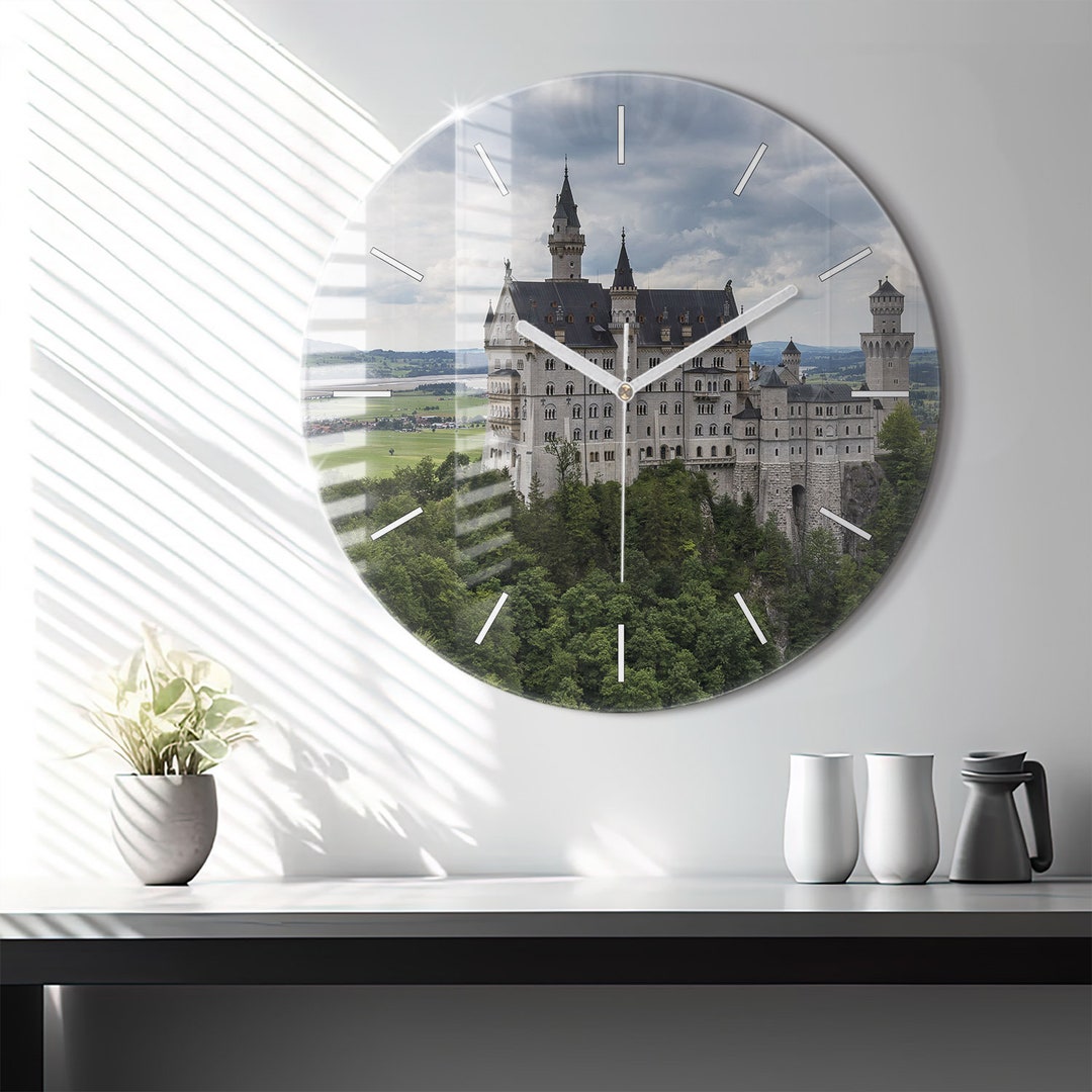 Castle in Neuschwanstein Glass Clock, Green Minimalistic Clock ...