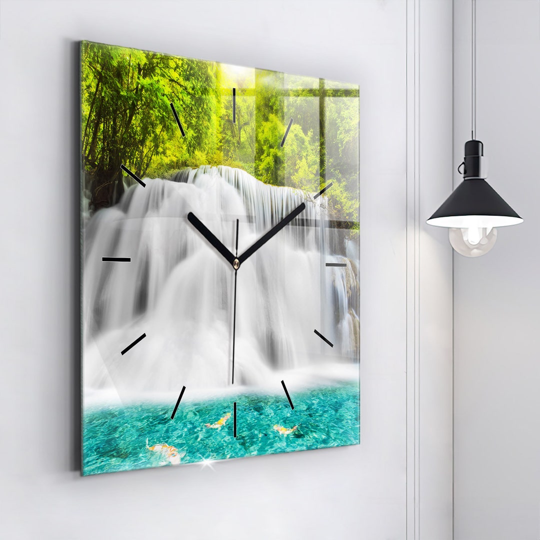 Waterfall in Thailand Glass Clock, Blue Modern Wall Clock, Landscape ...