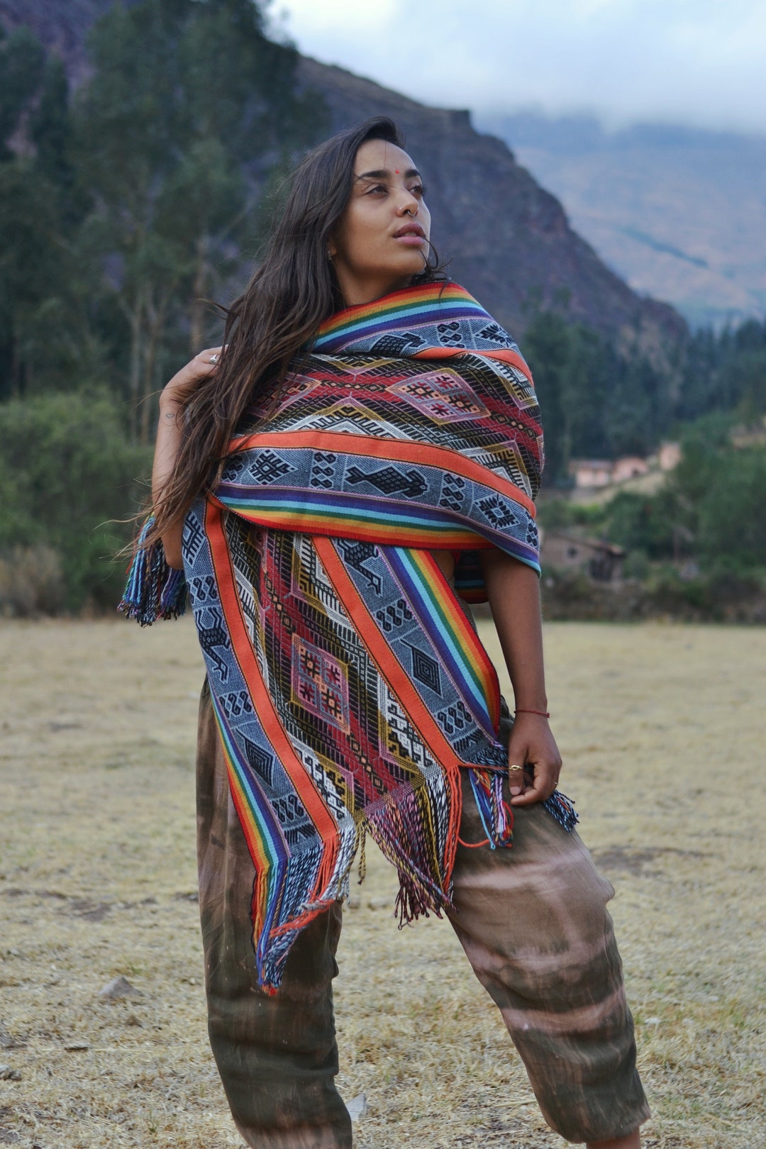 Large Peruvian Alpaca Shawl With Sacred Animals and Rainbow Colors ...