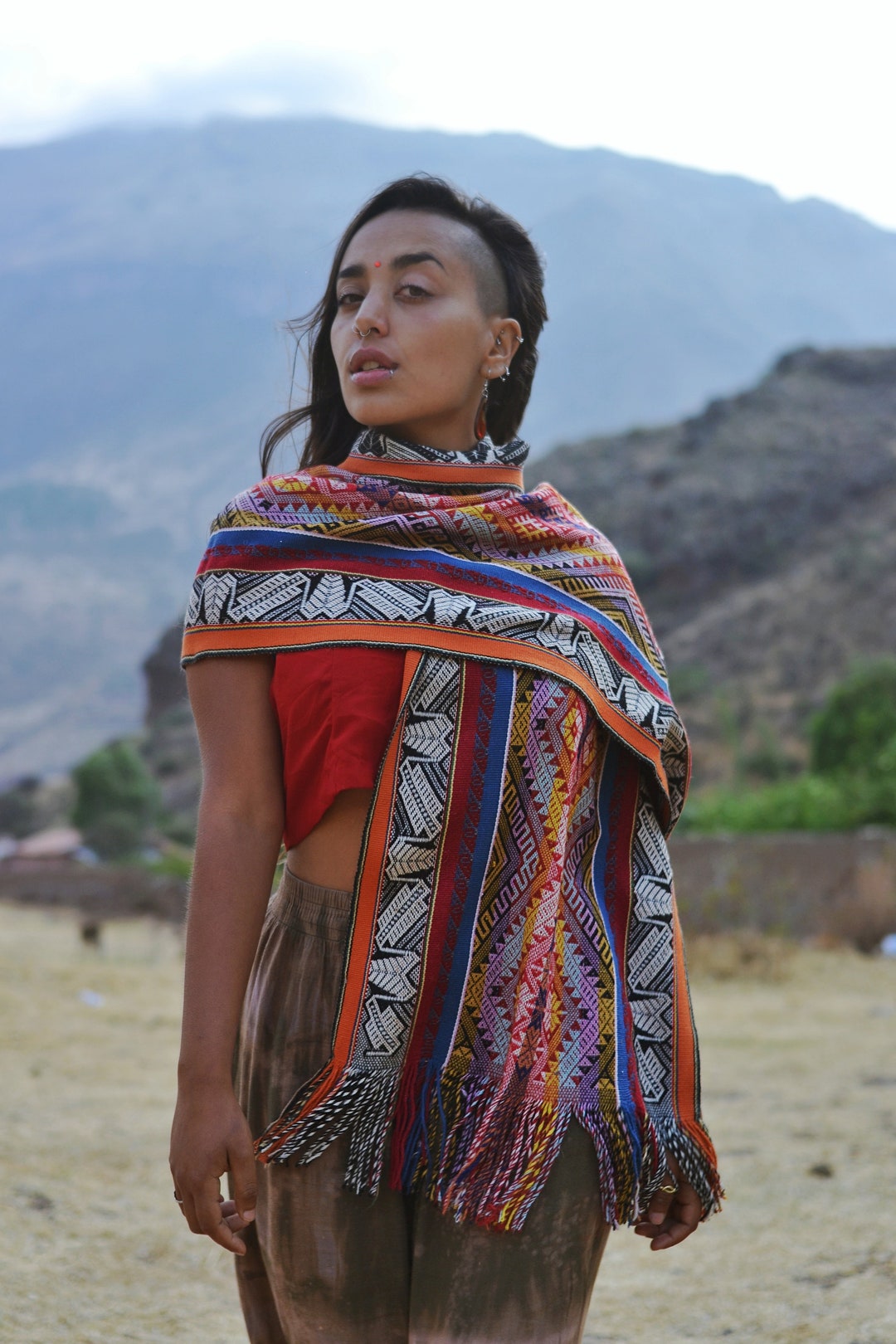 Large Peruvian Alpaca Shawl With Tawantinsuyo and Rainbow Colors ...