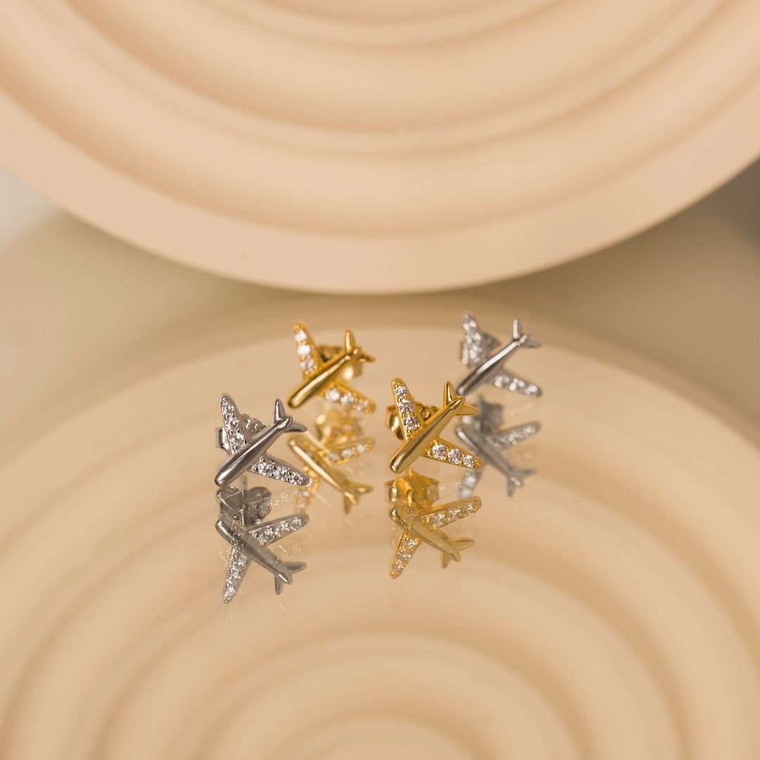 Plane Earrings Small Airplane Stud Earrings in Sterling Silver or 18K ...