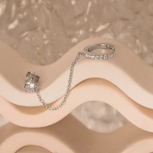 Double Piercing Hoop and Stud Earrings Pave Chain Earring in 18K Gold ...