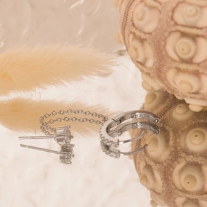 Double Piercing Hoop and Stud Earrings Pave Chain Earring in 18K Gold ...