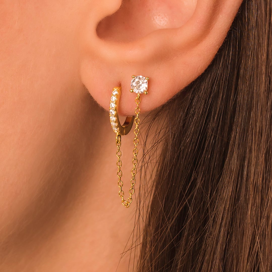 Double Piercing Hoop and Stud Earrings Pave Chain Earring in 18K Gold ...