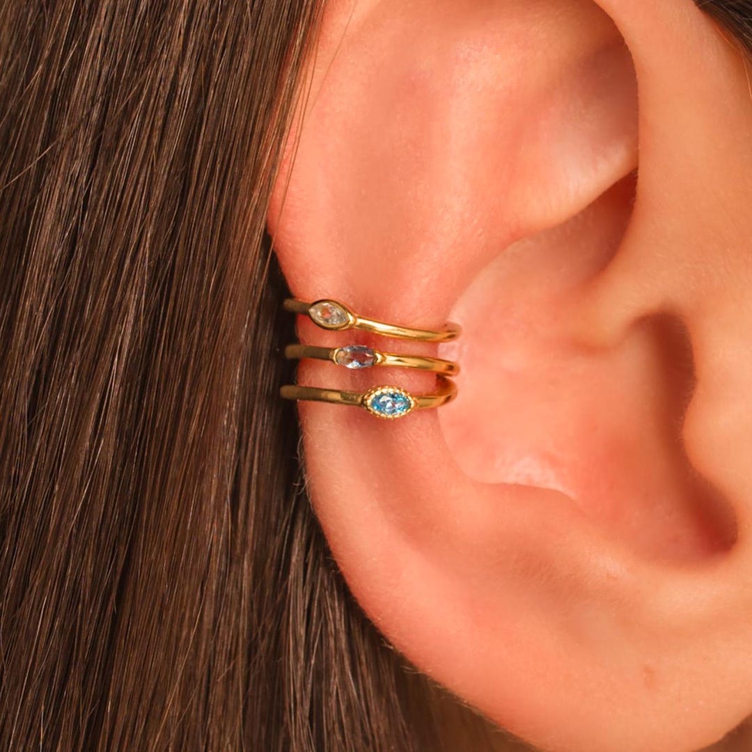Blue Ear Cuff Earring • No Piercing Needed • Triple Marquise Zircon Earcuff • Light Blue 3-stone ...