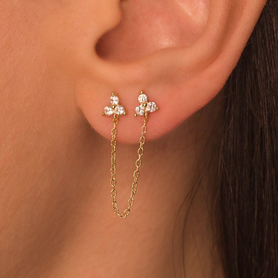 Clover Flower Chain Earrings • Double Piercing Dangle Earring in 18K ...