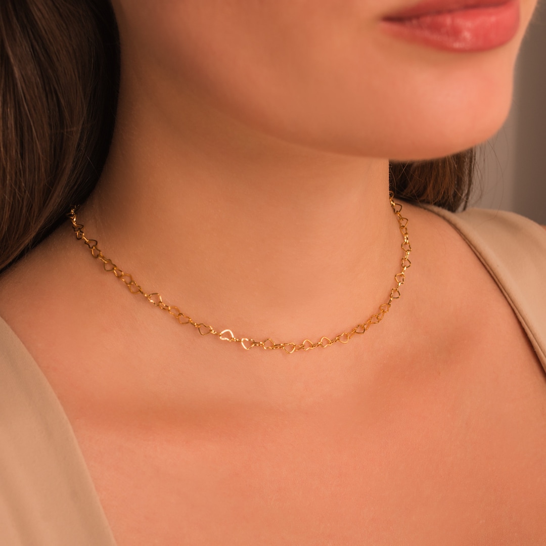18K Gold Heart Necklace, Chain of Hearts, Gold Layering Heart Link ...