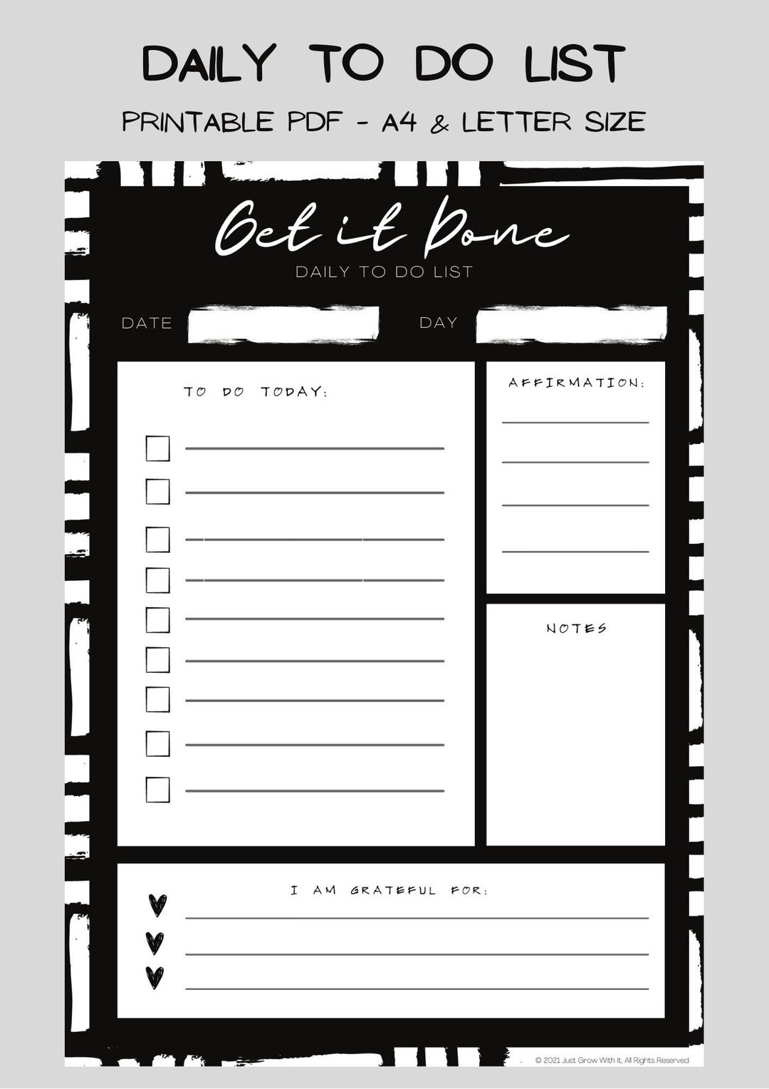 Daily Journal to Do List and Gratitude List Printable PDF - Black ...