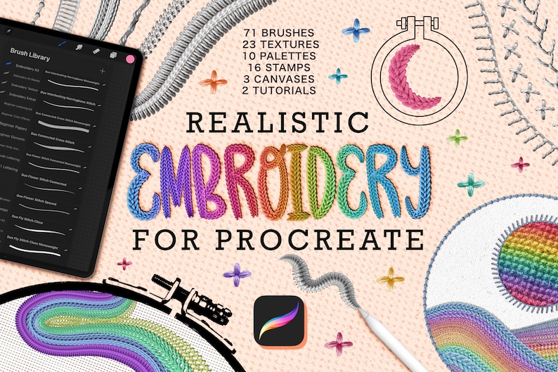 Realistic Embroidery Procreate Brushes | Digital Art Kit for Procreate | iPad Brushset | Preset ...