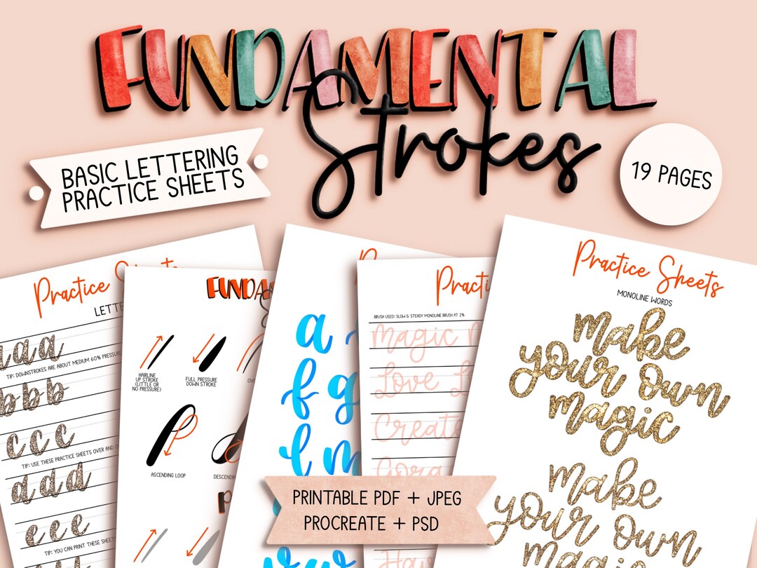 Basic Lettering Sheets, Beginner Lettering Workbook, Procreate PSD ...