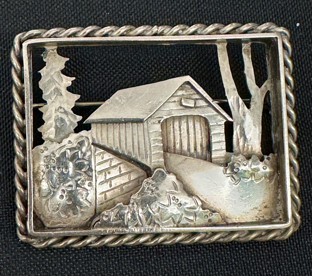 Handwrought 1950s Sterling Silver Covered Bridge Pin New England Scene ...