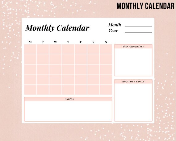 Printable Monthly Calendar, Horizontal Calendar, Multiple Colors, US ...