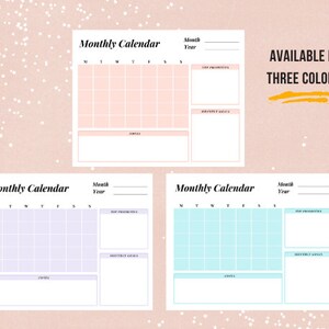 Printable Monthly Calendar, Horizontal Calendar, Multiple Colors, US ...