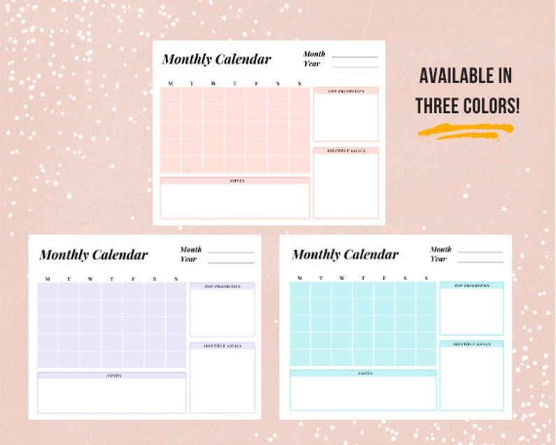 Printable Monthly Calendar, Horizontal Calendar, Multiple Colors, US ...