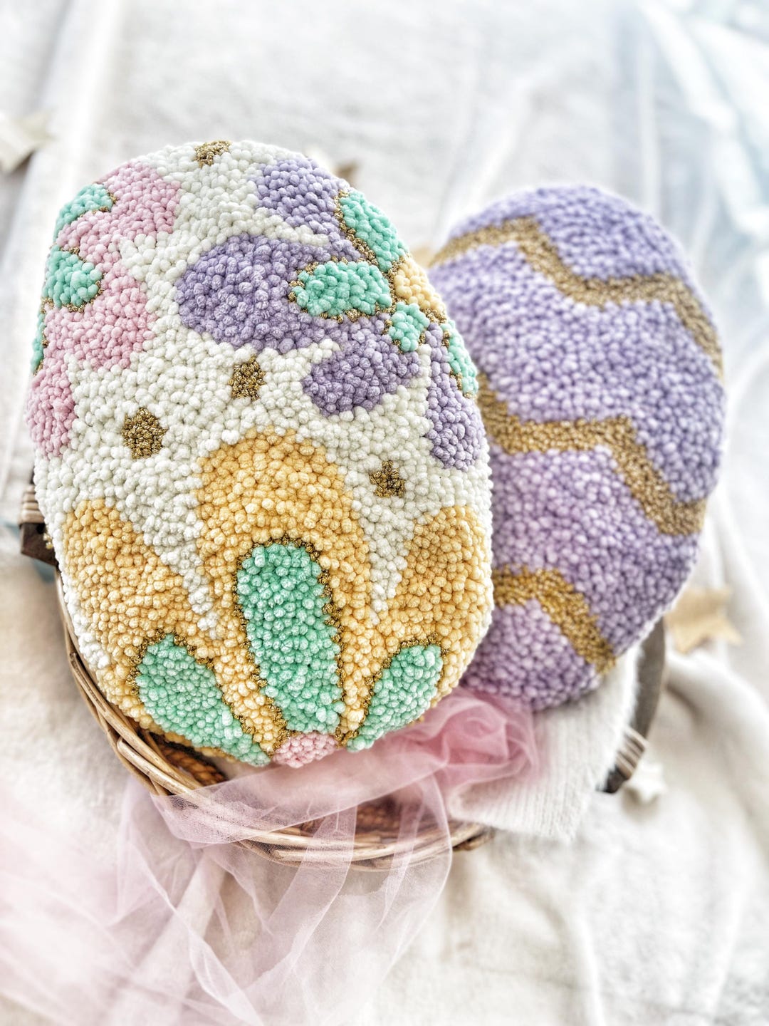 Vintage Easter Egg Pillow, Tufted Spring Decor Pastel Boho Cushion ...