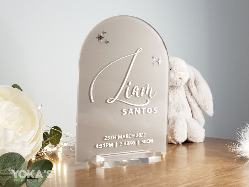 Baby Name and Birth Stats Sign 8"x10" | Acrylic Arch With Stand ...