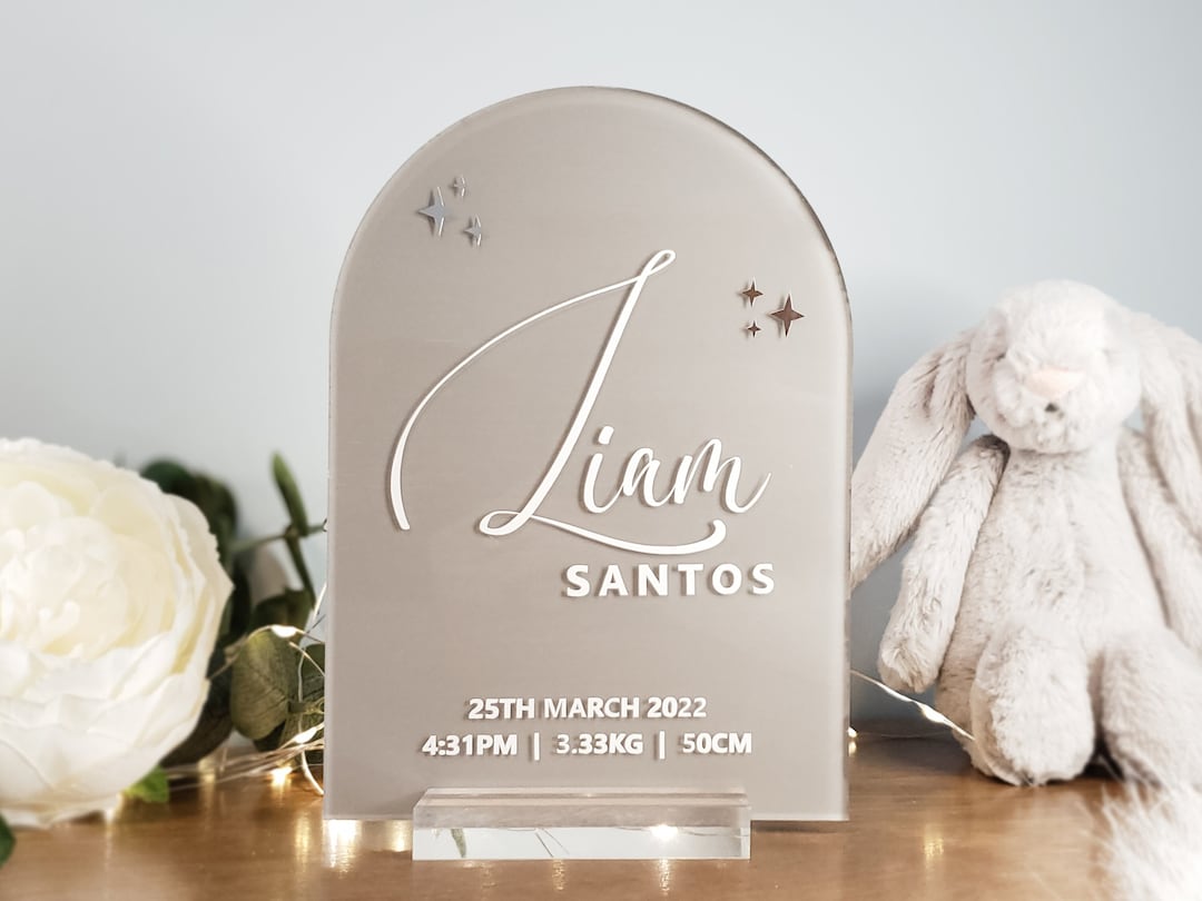 Baby Name and Birth Stats Sign | Acrylic Arch With Stand | Newborn ...