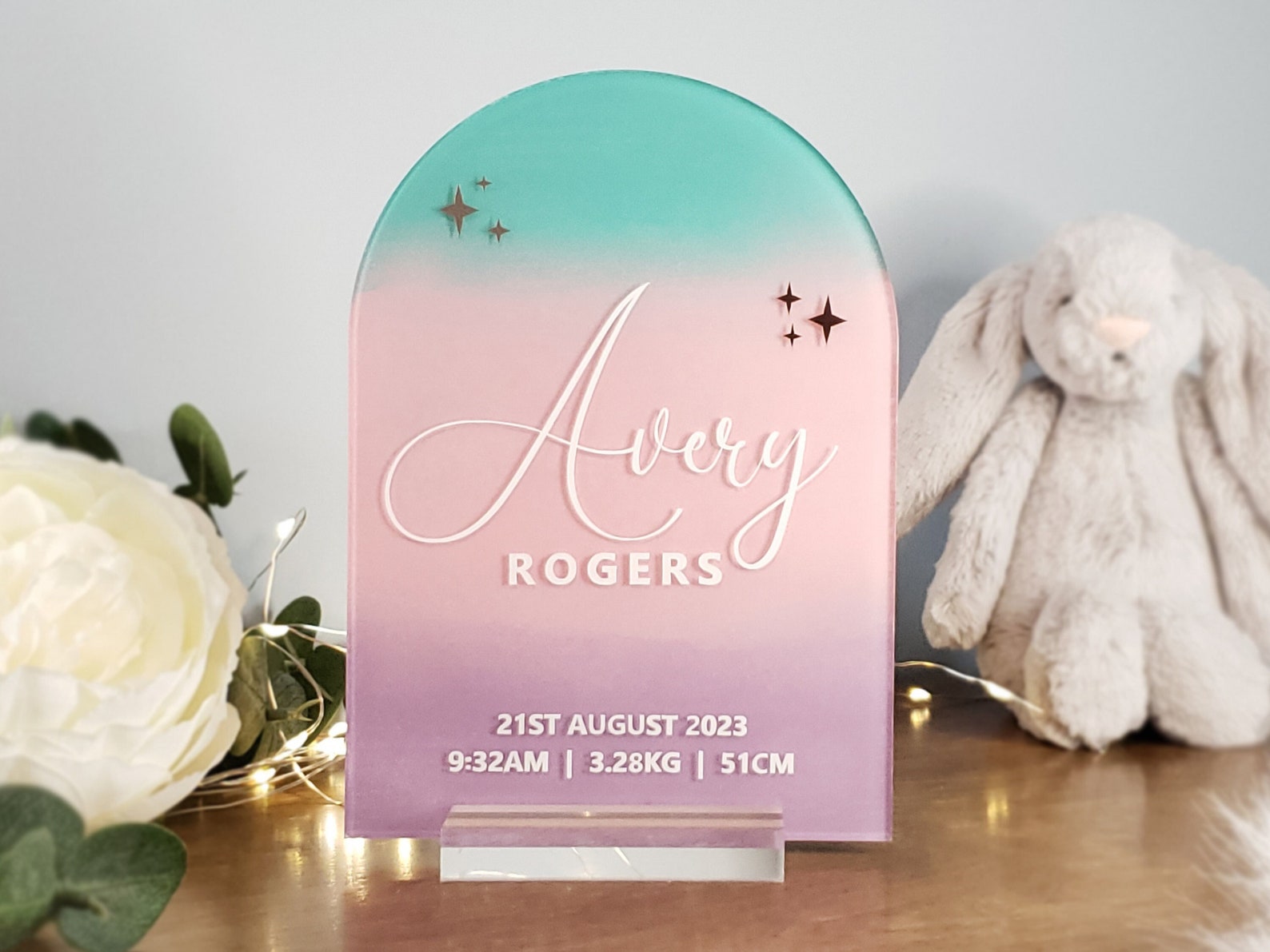 Baby Name and Birth Stats Sign | Acrylic Arch With Stand | Newborn ...