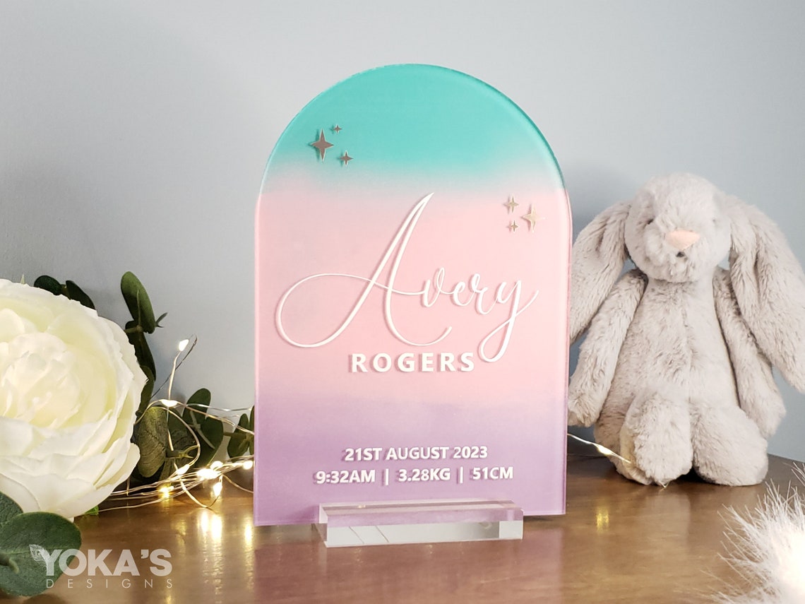 Baby Name and Birth Stats Sign | Acrylic Arch With Stand | Newborn ...