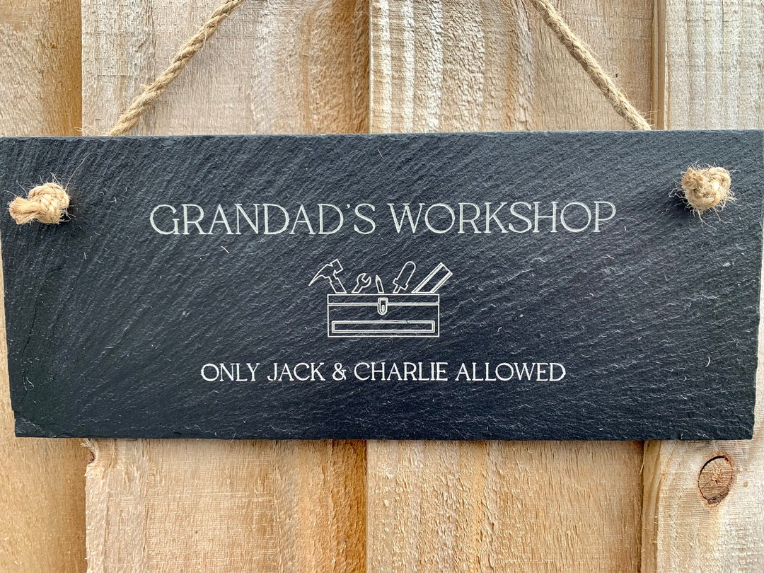 Personalised Slate Dad /grandads Workshop / Shed, Hanging Slate Sign ...