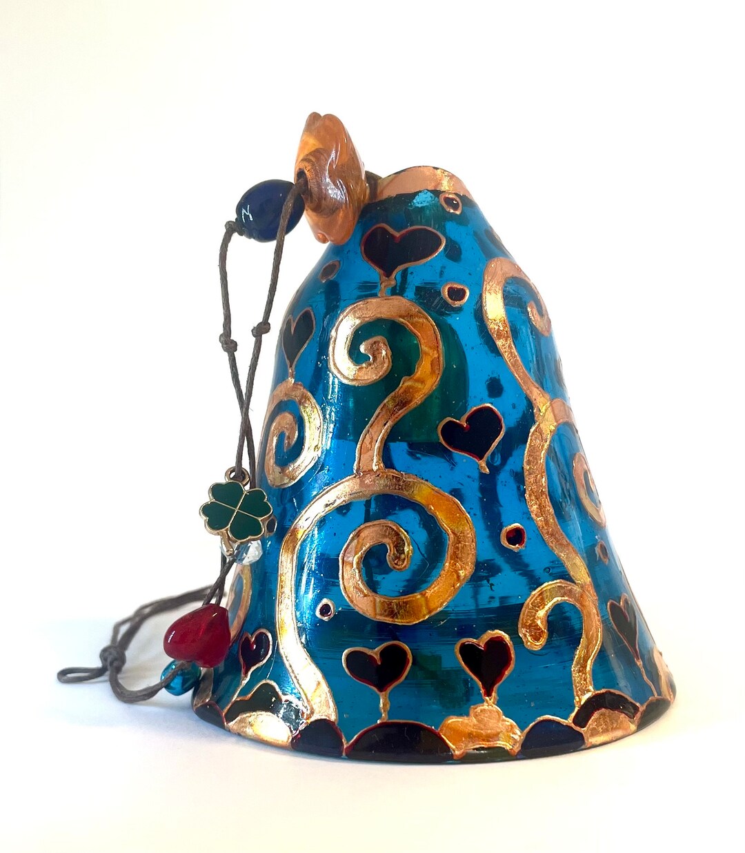 Hebron Hand Painted Glass Bell Golden Lace Hearts Wind Chime Hanukkah ...