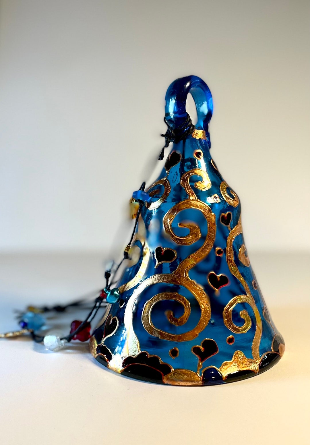 Hebron Hand Painted Glass Bell Golden Lace Hearts Wind Chime Hanukkah ...