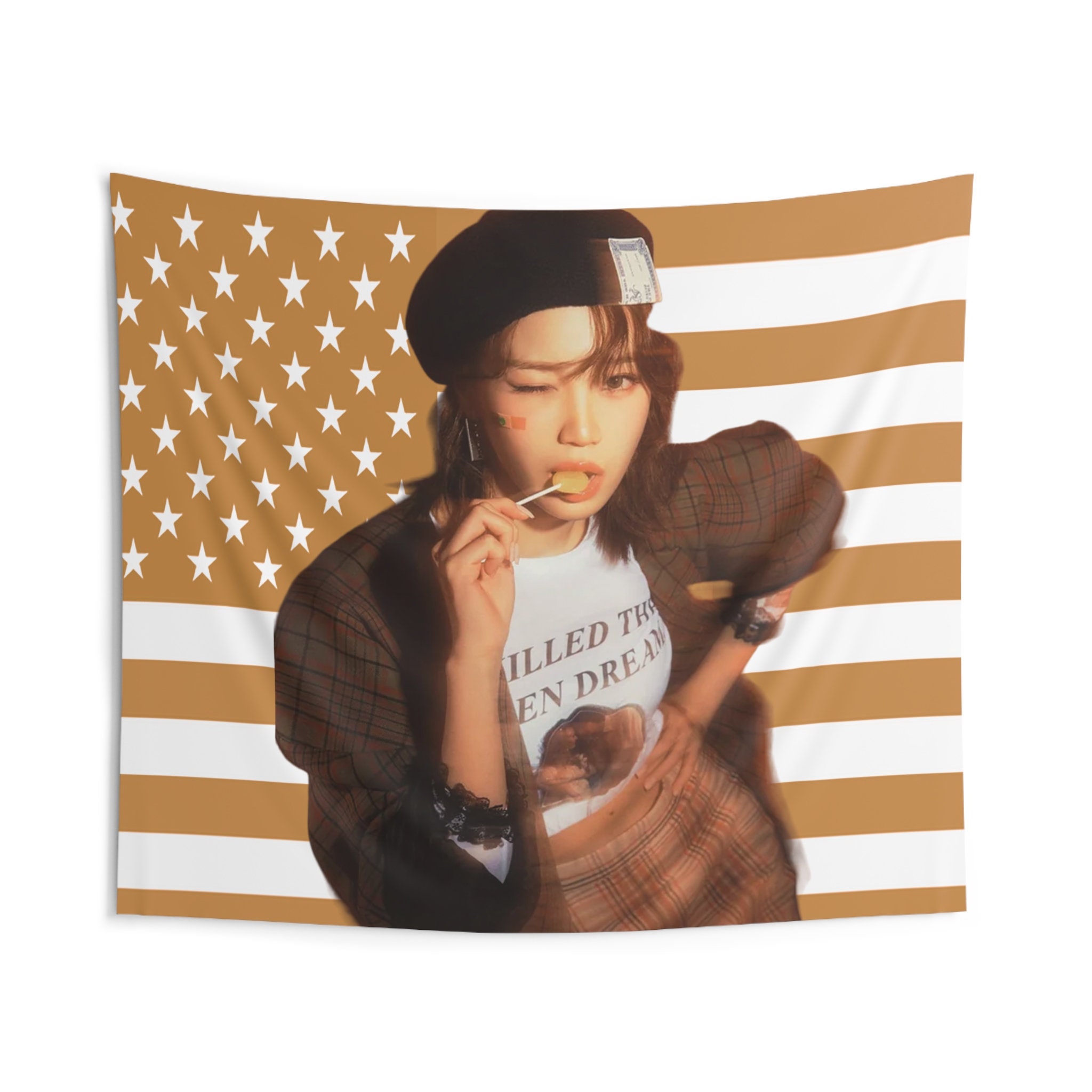 Le Sserafim Chaewon Orange America Flag Tapestry, Kpop Funny Room Merch, Gift for Le Sserafim ...