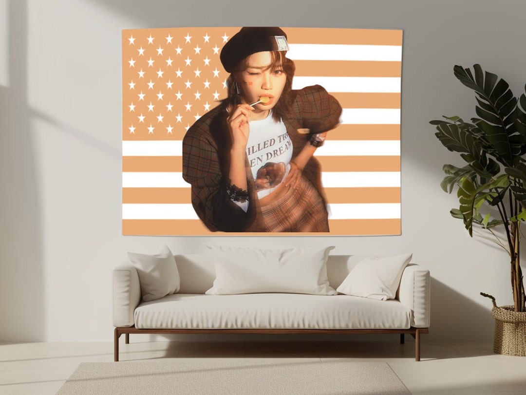 Le Sserafim Chaewon Orange America Flag Tapestry, Kpop Funny Room Merch, Gift for Le Sserafim ...