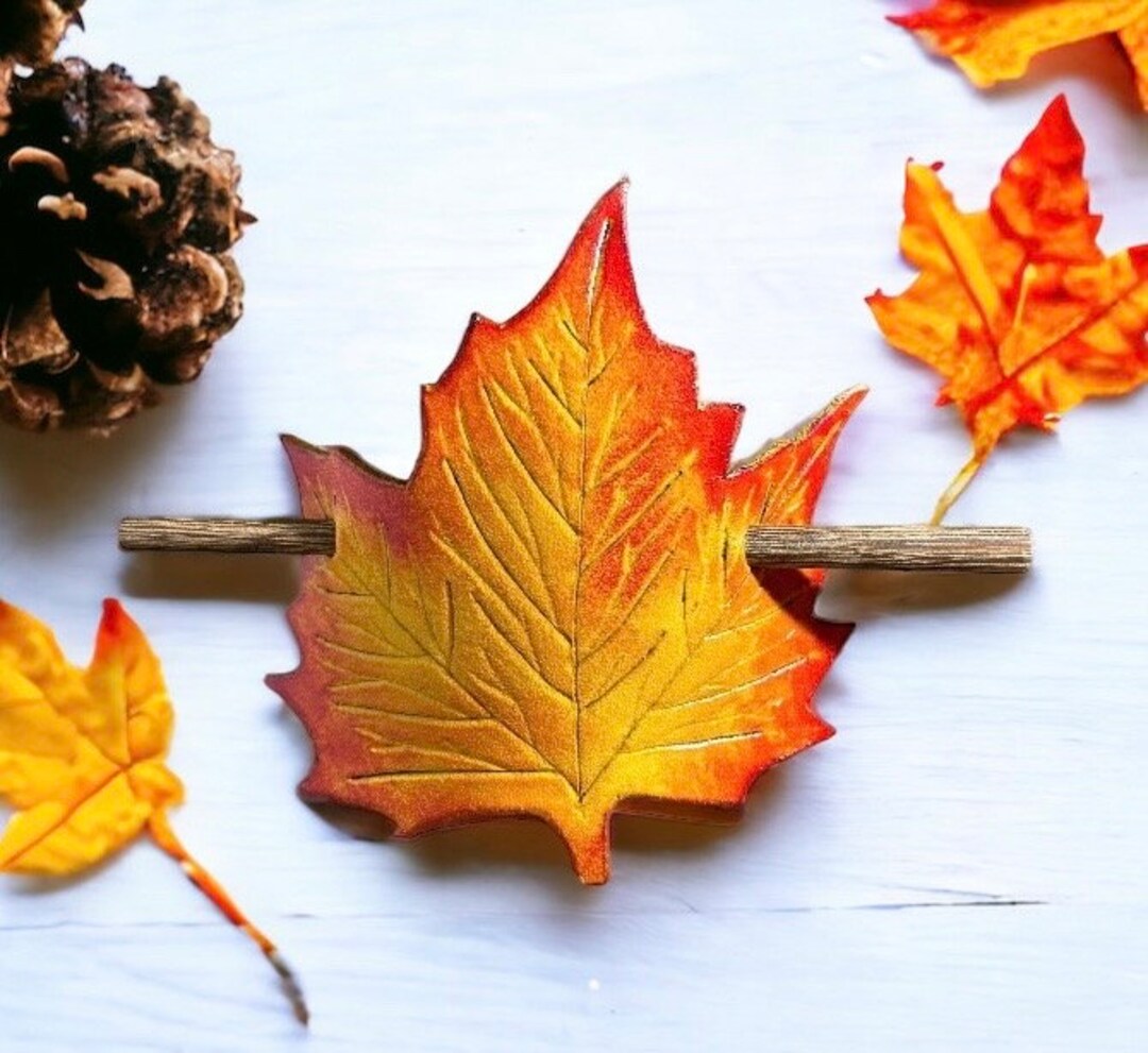 Sunny Maple Glow: Handcrafted Autumn Yellow Leather Leaf Barrette With ...