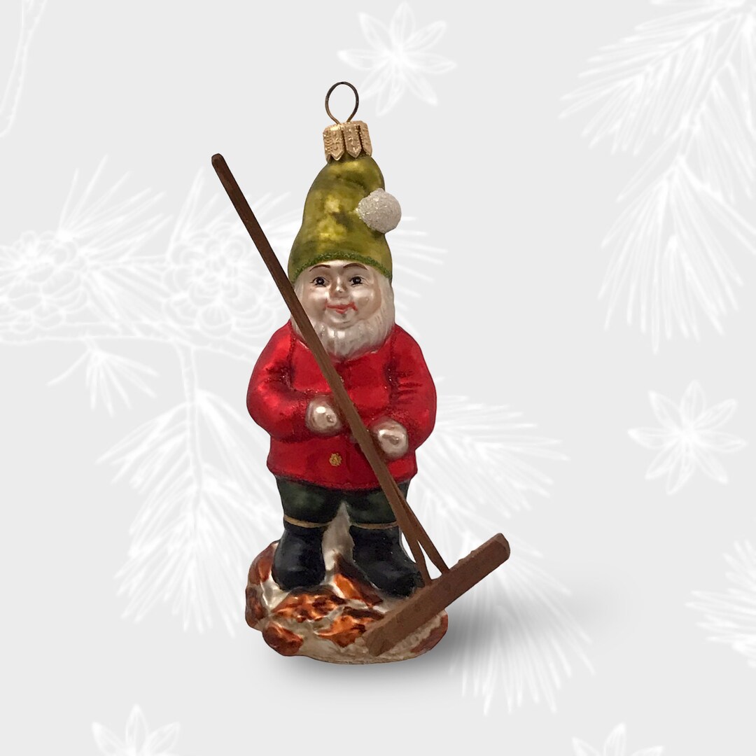 Dwarf With a Rake, Gnome, Christmas Ornament, Collectible Bauble, Blown ...